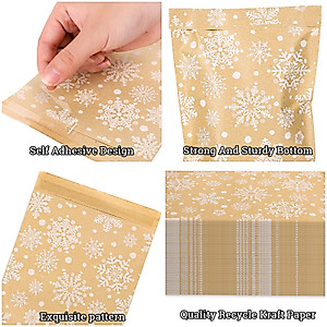 Whaline 100Pcs Christmas Kraft Treat Bags Self-Adhesive Winter White Snowflake Prints Goodie Snack Gift Bags Xmas Candy Buffet Kraft Bags for Winter Holiday Party Favor Supplies