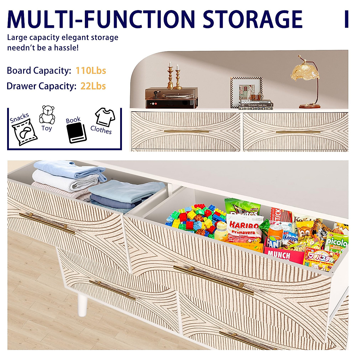 VINYUSE 6 Drawer Dresser, Dresser for Bedroom, Chest of Drawers with Metal Handle, Dresser TV Stand, Wood Drawer Organizer for Bedroom, Living Room, Enterway, Texture Beige