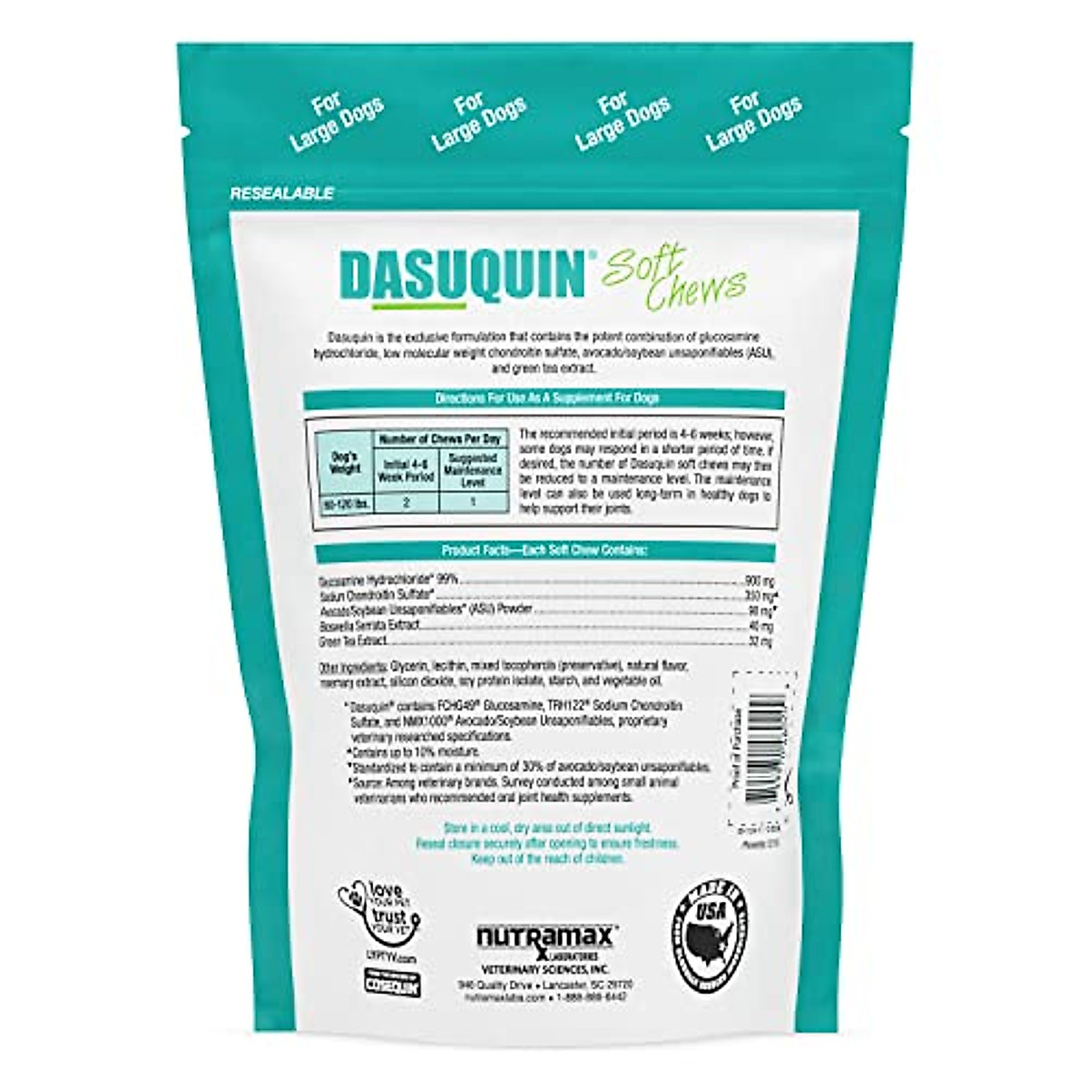 Nutramax Dasuquin Joint Health Supplement for Large Dogs - With Glucosamine, Chondroitin, ASU, Boswellia Serrata Extract, and Green Tea Extract, 84 Soft Chews