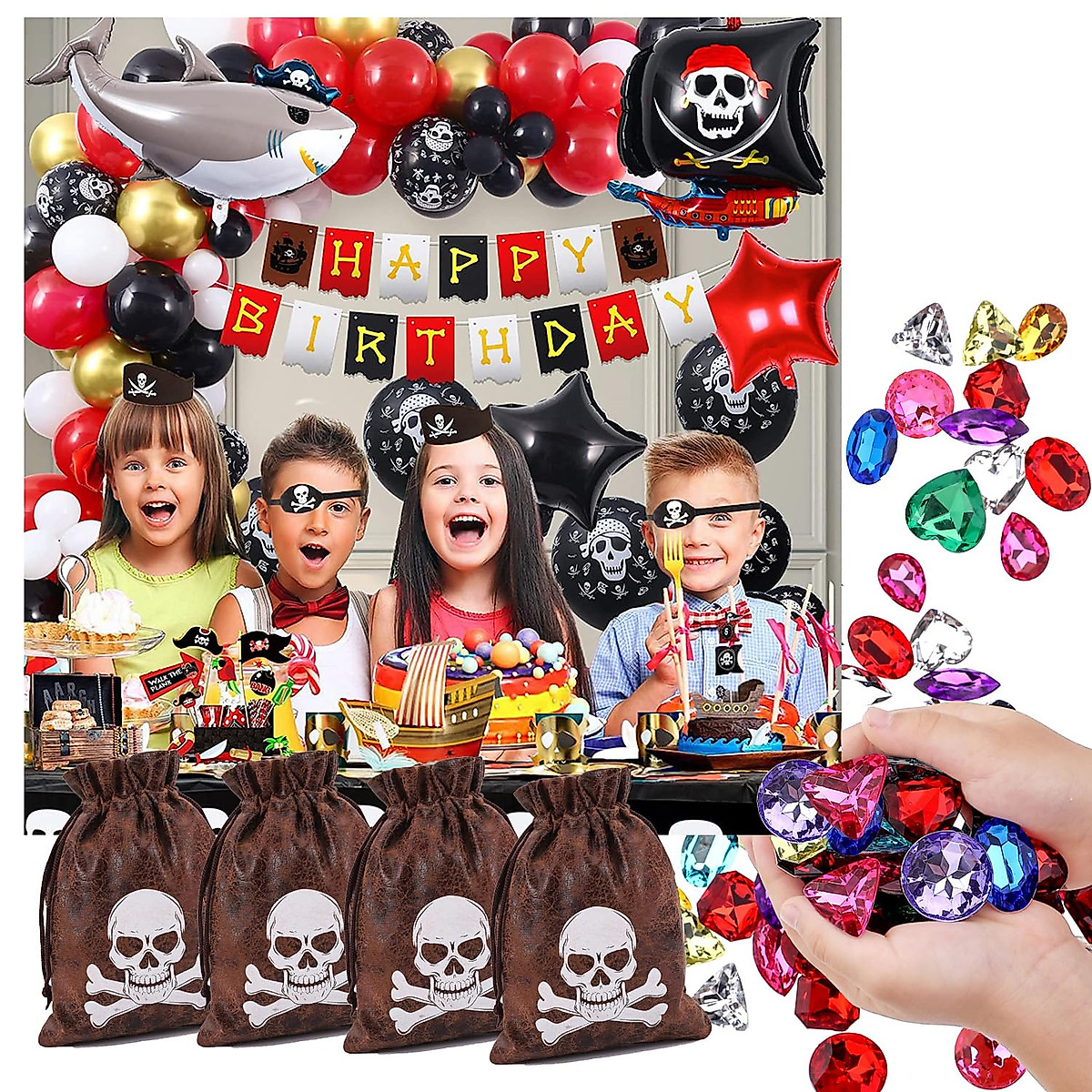 RICHNESS Pirate Loot Bags Goodie Bags with Drawstring 4.5 x 6.5 Inches Faux Cow Skin Pirate Treasure Bags for Pirate Party Favors Pack of 24