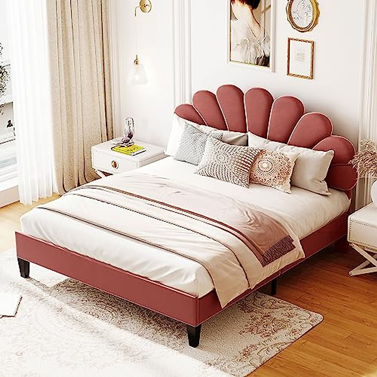 Queen Size Upholstered Platform Bed with Flower Pattern Velvet Headboard, Solid Wood Upholstered Platform Bed Frame with Wood Slats Support for Kids, Teens, Adults (Red Bean Paste-A1)