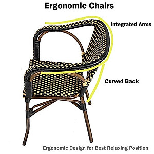 LUCKYERMORE Outdoor Rattan Wicker Chair Set of 4 Stackable Arm Chairs with Aluminum Frame Patio Dining Chair for Backyard Porch Garden, Black/Cream