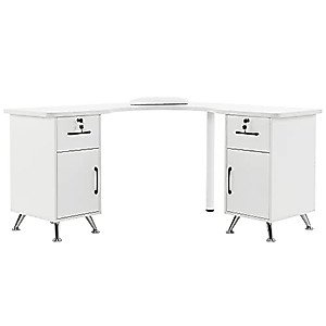 BarberPub L-Shaped Nail Table with Storage Corner Manicure Desk with Drawers and Cabinets Home Office Workstation 2672 (White)