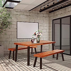 Giantex Patio Dining Table with Umbrella Hole, Outdoor Picnic Table for Backyard, Garden, Lawn, Farmhouse, Acacia Wood Rectangular Table with Metal Legs, Rustic Brown