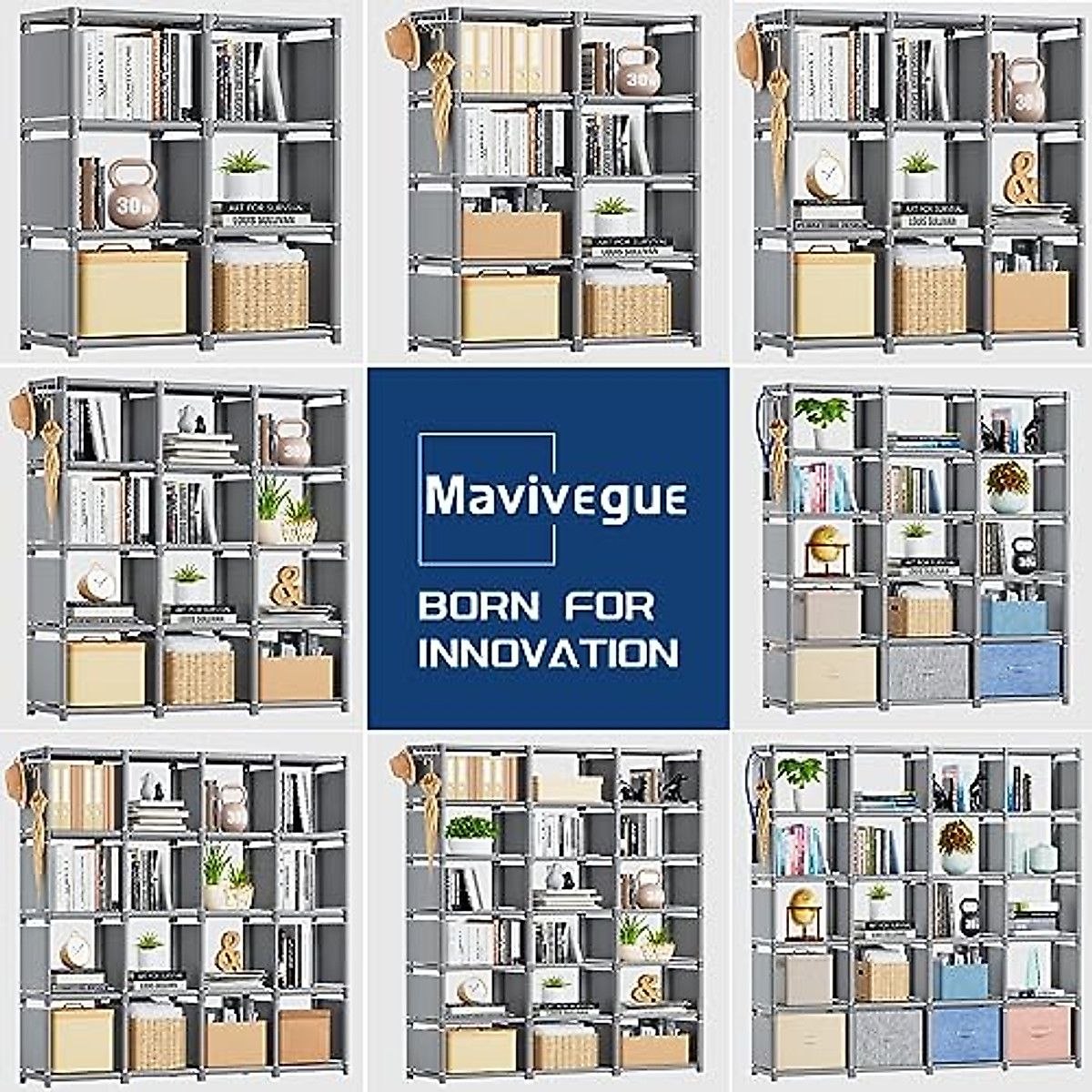 Mavivegue Book Shelf, 16 Cube Storage Organizer, DIY Bookcase, Metal Cube Bookshelf,Tall Book case for Bedroom, Living Room,Office,Closet Storage Organizer, Grey Cubicle Storage Rack
