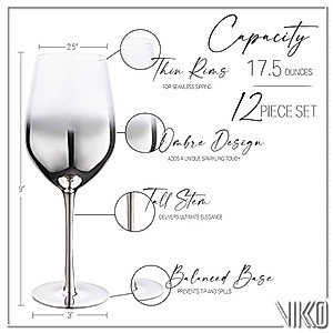 Vikko Décor Silver Ombre White Wine Glasses | Thin, Handblown Glass – Tall, Elegant Stem – Dishwasher Safe – 17.5 Ounce Cup – Great Gift Idea – Set of 12 Wine Glasses