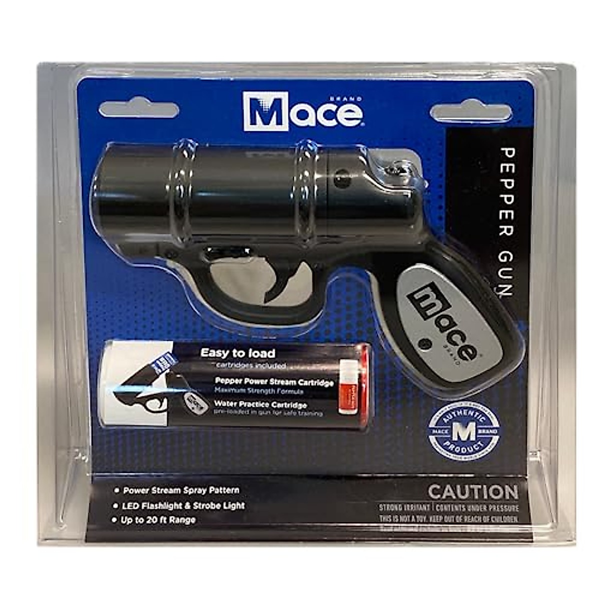 Mace Brand Pepper Spray Gun with Strobe LED (Matte Black) — 20’ Powerful Pepper Spray, Leaves UV Dye on Skin, Integrated LED Light Enhances Aim — Mace Self Defense Spray for Women/Men, Made in the USA