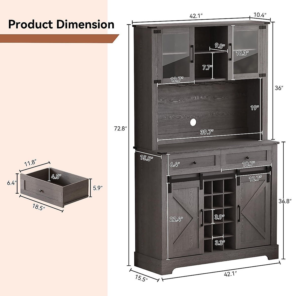 ARTPOWER Wine Bar Cabinet with Sliding Barn Door, 72" Hutch Cabinet with Wine&Glasses Rack, Tall Farmhouse Kitchen Pantry Buffet Cabinet with Drawers for Dining Room, Gray
