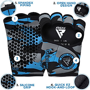 RDX Weight Lifting Gloves Grips, Gym Fitness Workout, Anti Slip Ventilated Open Back Gripper, Strength Training HIIT Exercise Deadlift, Men Women Cycling Rowing Climbing Hanging Pull Ups Gymnastics