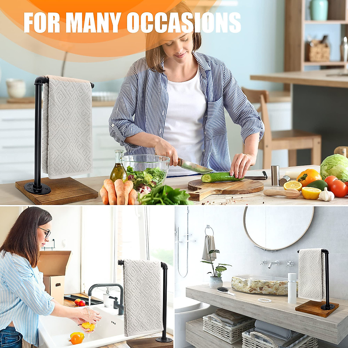 YESSAP 15'' Hand Towel Holder, L Shaped Towel Holder Stand with Weighted Base, Black Hand Towel Stand for Bathroom Kitchen Countertop