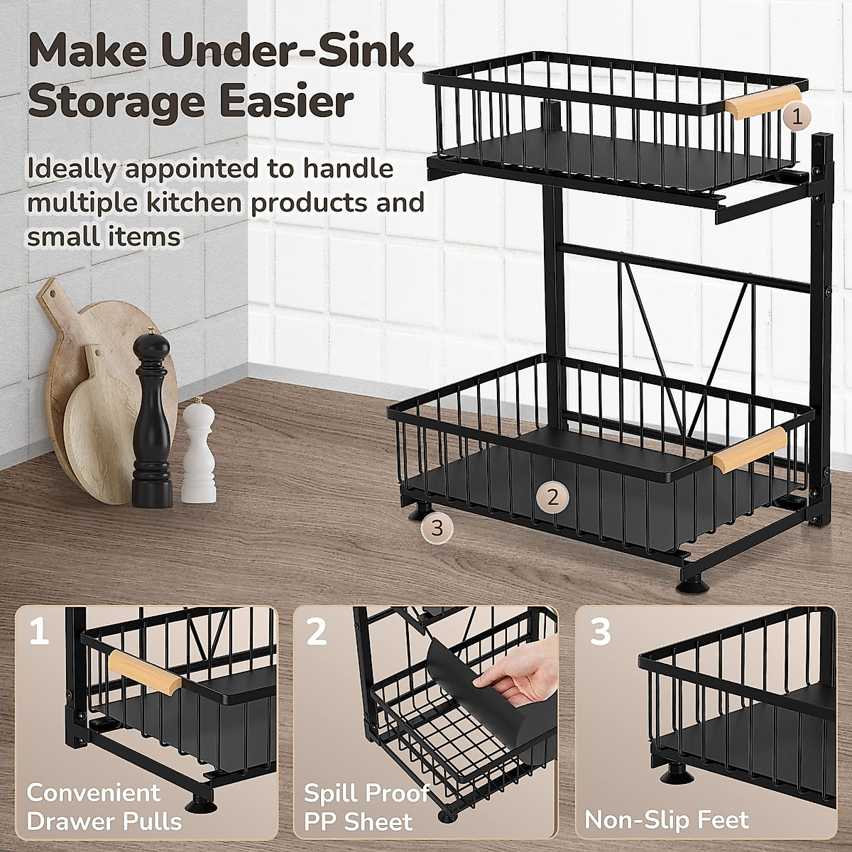 Under Sink Organizer, Pull Out Cabinet Organizer, Metal 2-Tier Under Sink Storage, Adjustable Height Rack Shelf Drawers Sliding Basket for Kitchen Bathroom Utility Room Cabinet