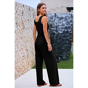 PRETTYGARDEN Womens Summer Casual Two Piece Outfits Sweatsuits Tank Scoop Neck Ribbed Knit Long Pants Tracksuits(Black, Medium)