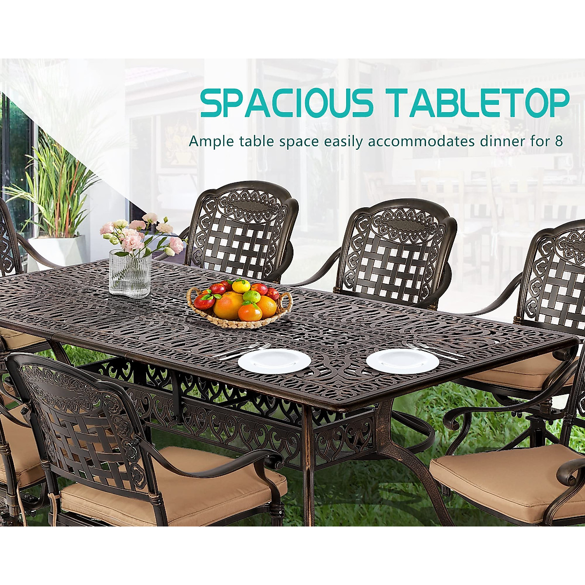 TITIMO 87'' Patio Dining Table, Cast Aluminum Outdoor Rectangle Dining Table, Weather-Resistant Table with 2" Umbrella Hole, Lawn Backyard Garden