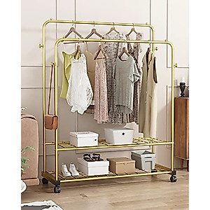 GAMNOF Rolling Metal Clothes Rack Two Shelves Clothing Rack Two Rod Garment Rack for Hanging Clothes with Caster Wheels for Clothes Hats Bags and etc Storage and Organizer