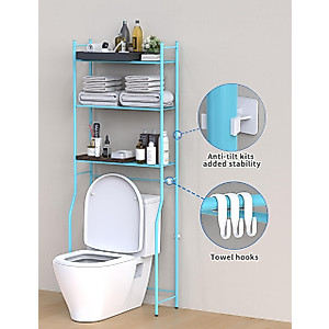 Livilord Over The Toilet Storage, 3-Tier Metal Bathroom Shelves, Freestanding above Toilet Storage Shelf with 4 Hooks for Bathroom, Blue