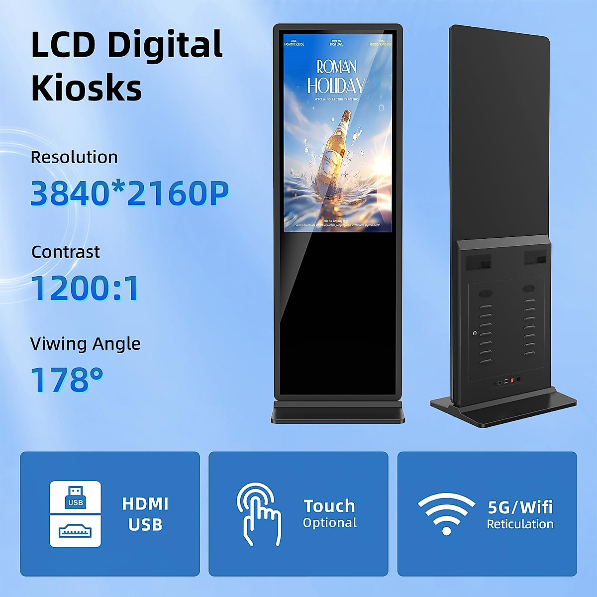 JIYANG 65 Inch Digital Signage Display,Indoor Floor Standing TouchScreen Advertising Display Kiosk Android System,Commercial LCD Totem Support HDMI-in,Free Customization Stickers and CMS System(Black)