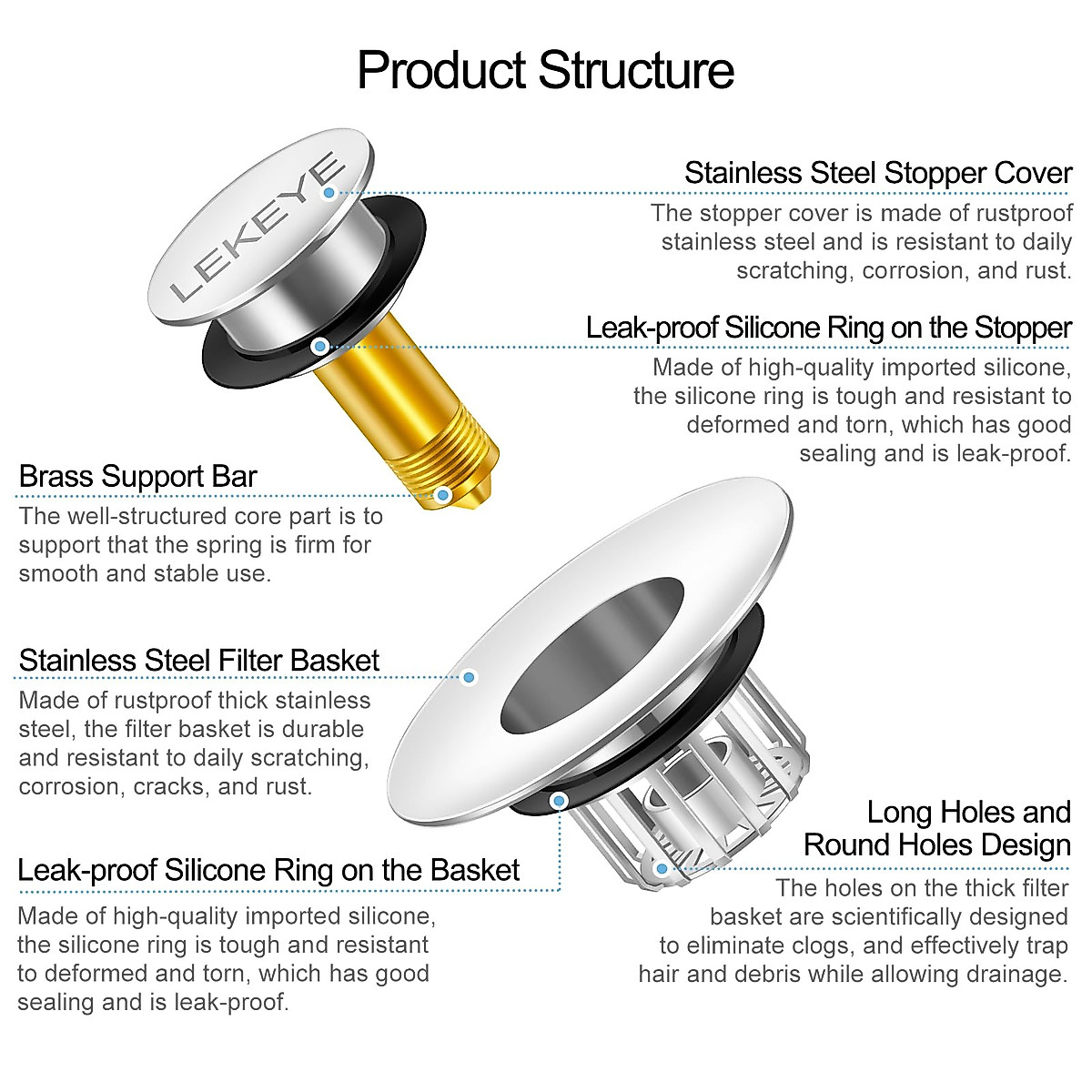 LEKEYE Tub Stopper | Shower Drain Hair Catcher | Pop-up Drain Stopper with Strainer | Bathroom Bathtub Plug | Drain Protector for 1-1/2 to 1-3/4" Bath Drain Hole - Pearl Chrome
