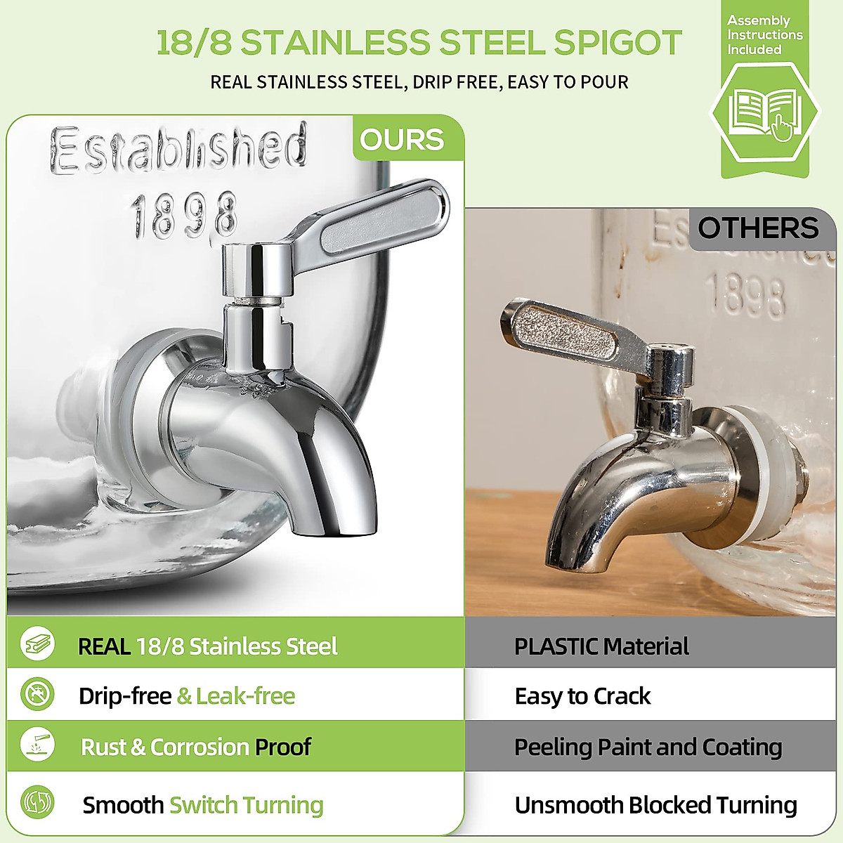 1-Gallon Glass Drink Dispenser with Stand, 18/8 Stainless Steel Spigot, Designed Wooden Lid - [2 Pack] Glass Beverage Dispensers for Parties - Mason Jar Drink Dispensers with Lids, Wooden Chalkboards