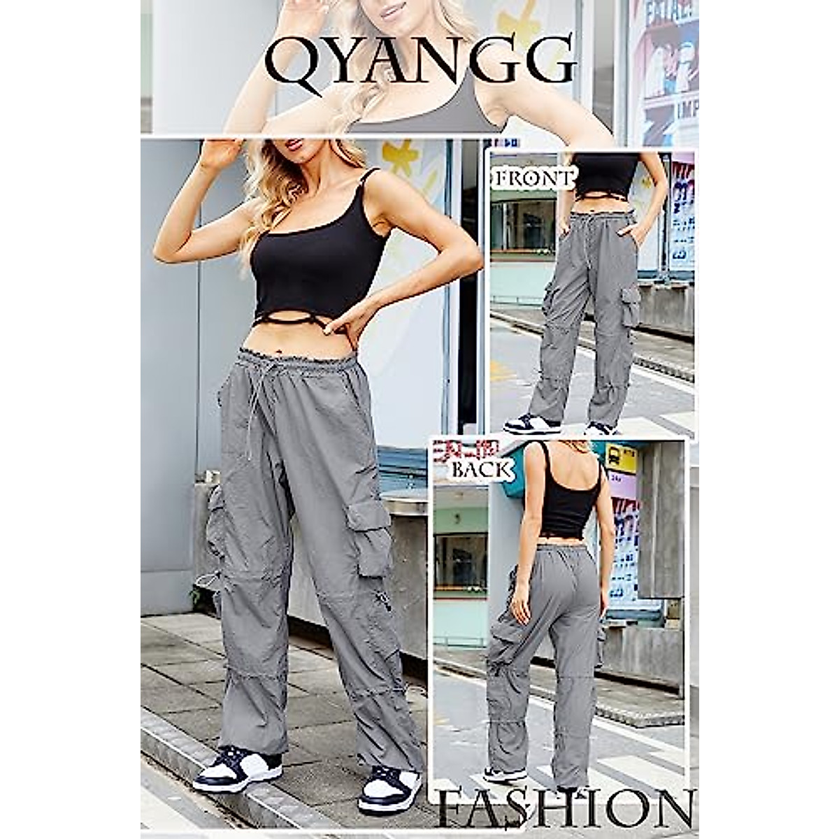 QYANGG Baggy Parachute Pants for Women& Girls Drawstring Elastic Low Waist Ruched Cargo Pants Multiple Pockets Jogger Y2K Grey