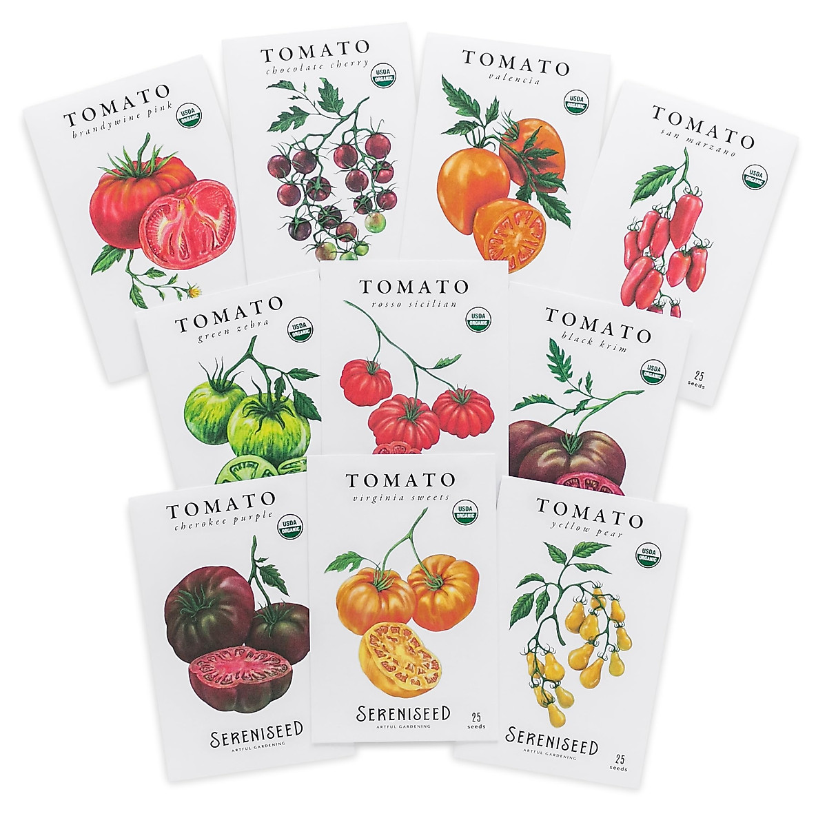 Sereniseed Certified Organic Tomato Seeds (10-Pack) – Non GMO, Open Pollinated – Cherokee Purple, Chocolate Cherry, Green Zebra, Brandywine Pink, Black Krim and More - Tomato Seeds for Planting