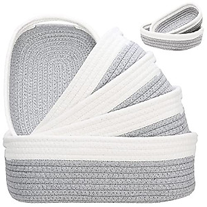HLWDFLZ 7 Piece Cotton Rope Woven Basket Set - Woven Storage Basket Pets Toy Cotton Rope Basket for Organizing, Small Basket for Montessori, Dog Cat Toy Box, Baby Nursery (White/Gray)