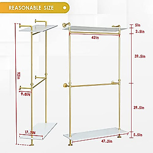 Industrial Pipe Clothing Rack, Golden Pipe Clothes Rack Wall Mounted With 2 Tier Real Wood Shelves Attach To The Wall Sturdy And Stylish Industrial Garment Rack Hold The Clothes Display The Clothes