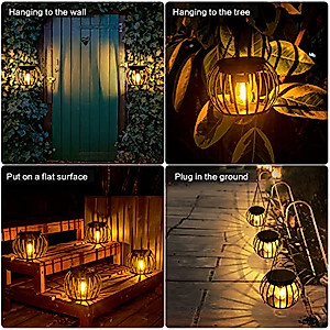 Sunklly Hanging Solar Lanterns, Retro Metal Outdoor Waterproof Wireless Hanging Solar Lights with Tungsten Light Bulb Halloween Christmas Decoration for Garden Yard Patio Pathway(2 Pcs)
