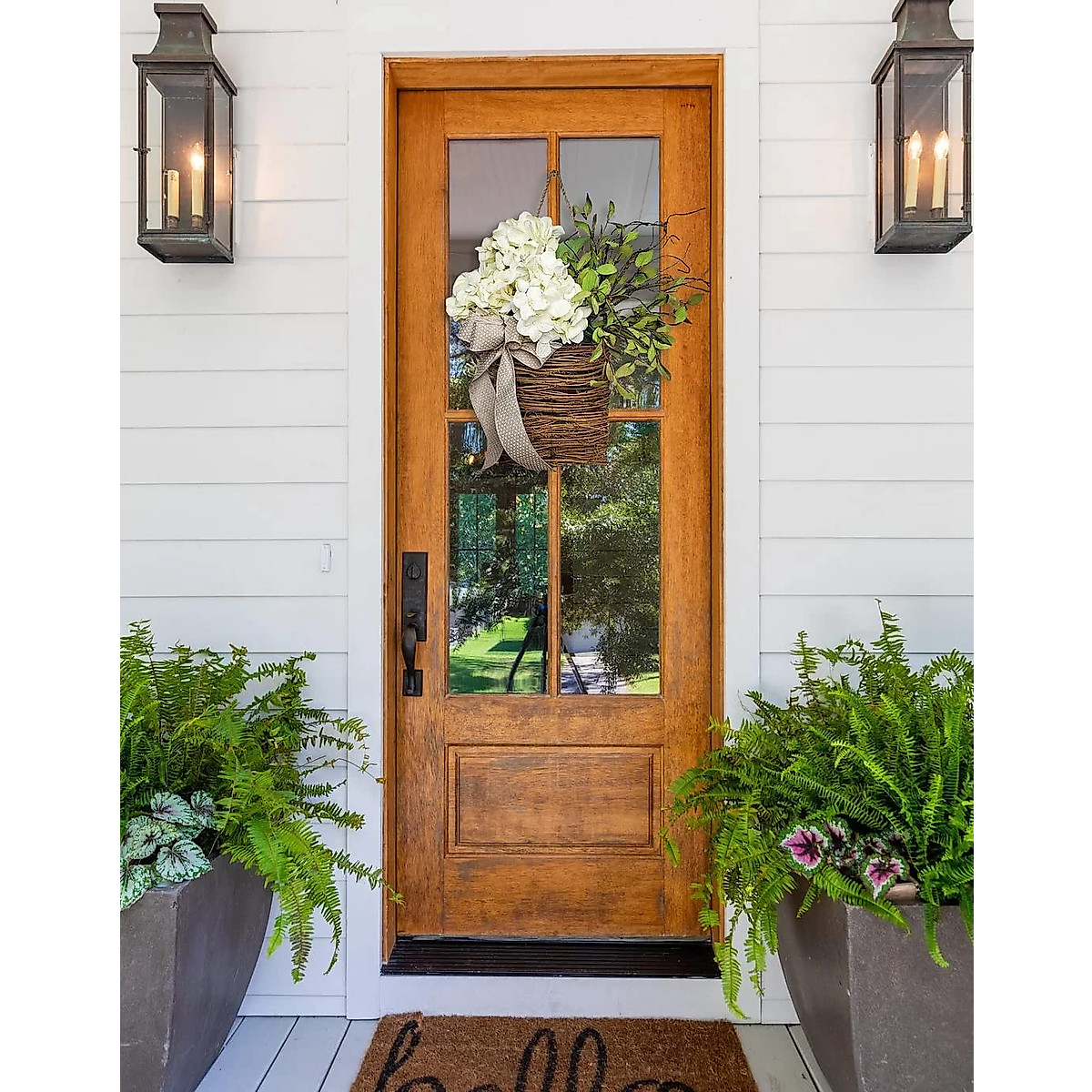 Cream Hydrangea Door Hanger Basket Wreath, 2025 New Wildflowers Door Hanging Basket Wreath, Front Door Beautiful Artificial Spring and Summer Wreath Welcome Sign, Home Porch Farmhouse Decor (A)
