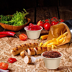 FUYCIEUM 150 Pieces Bagasse Fiber Souffle Cups with Lids, 4 Oz Biodegradable Sample Cups, Compostable Portion Cups for Condiment, Dips, Jams, Tomato Sauce, Snack, Honey, Nuts, Butter, Biscuits