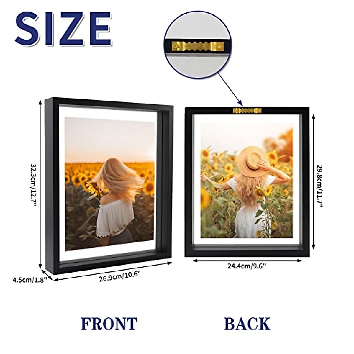 WIFTREY Black 8x10 Floating Picture Frame 2 Pack, Double Glass Distressed Floating Photo Frame for Tabletop or Wall Mount, Displays Photo up to 10x12