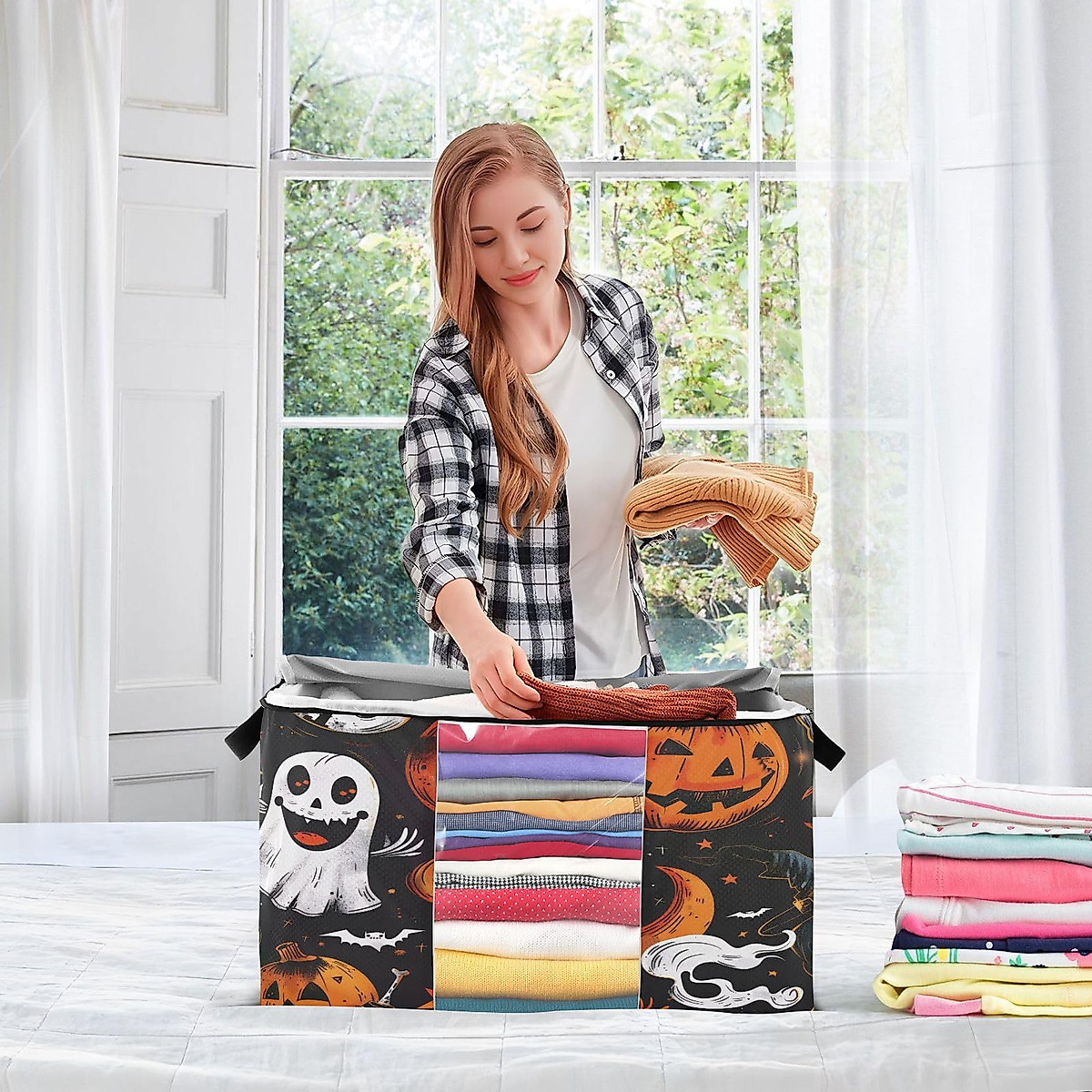 GOODOLD Spooky Happy Halloween Clothes Storage Bags 95L Large Closet Organizer Bags 2-Pack, Zippered, Foldable with Clear Window & Handles - Ideal for Comforters, Blankets