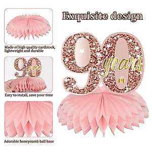 Turypaty Pink Rose Gold 90th Birthday Honeycomb Centerpieces Decorations for Women, 9Pcs Rose Gold Happy 90th Birthday Table Centerpieces Party Supplies, 90 Year Old Birthday Table Toppers Decor
