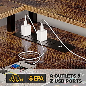 Rolanstar Computer Desk L Shaped 59'' with LED Lights and Power Outlets, Reversible L Shaped Gaming Desk Bundle End Table with Charging Station, 3 Tier Slim Nightstand