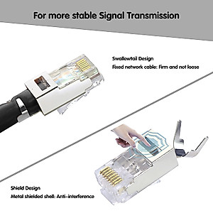 VCELINK Cat7 Cat6A RJ45 Pass Through Connectors Shielded 30-Pack, 3-Prong 50μ Gold Plated Modular Plug Ethernet Ends with Strain Relief Boots (Black)