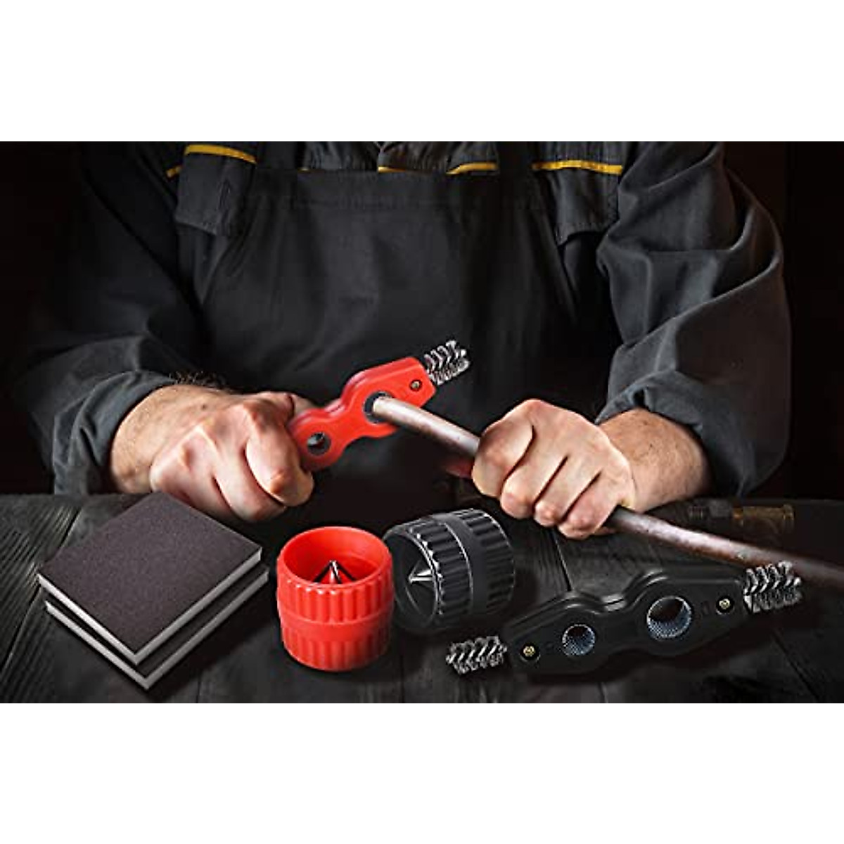 6 PCS Copper Pipe Cleaner and Reamer & Sanding Sponge Set, Include 2 PCS Copper Pipe Cleaner, 2 PCS Reamer & 2 Pack Sanding Sponge, 4 In 1 Pipe Deburring Brush for PVC PPR Copper Brass Aluminum Pipes