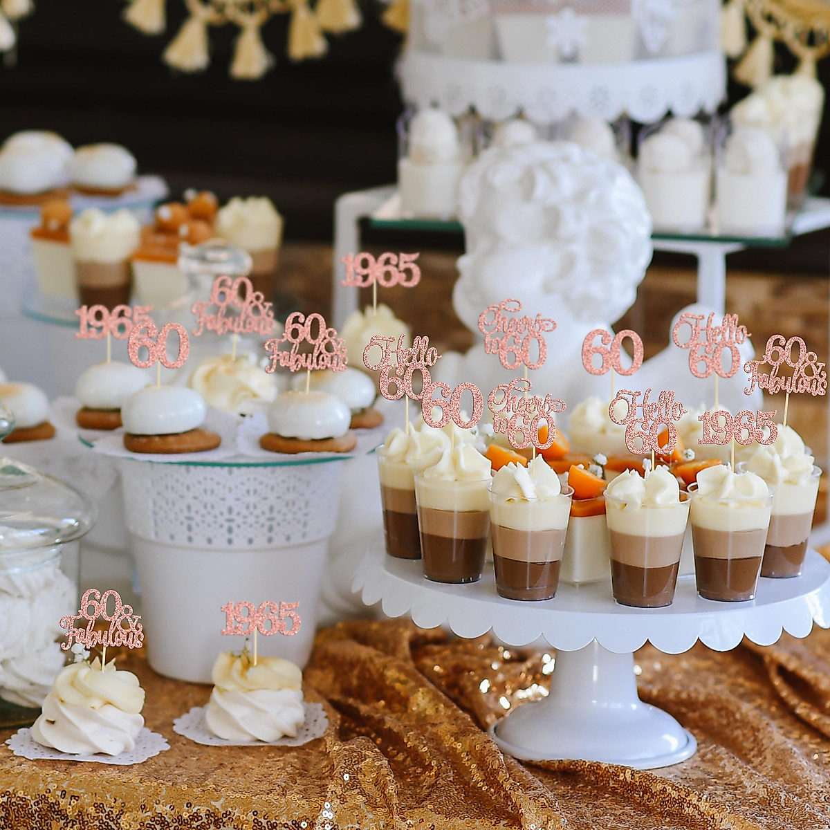 Gyufise 30Pcs 60th Birthday Cupcake Toppers 60 Fabulous Cupcake Picks Cheers to 60 1965 Cake Decorations for Happy 60th Birthday Wedding Anniversary Party Decoration Supplies Rose Gold