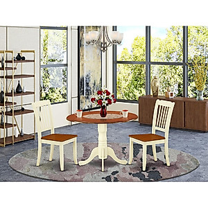 East West Furniture DLDA3-BMK-W 3 Piece Dining Room Furniture Set Contains a Round Dining Table with Dropleaf and 2 Wood Seat Chairs, 42x42 Inch, Buttermilk & Cherry