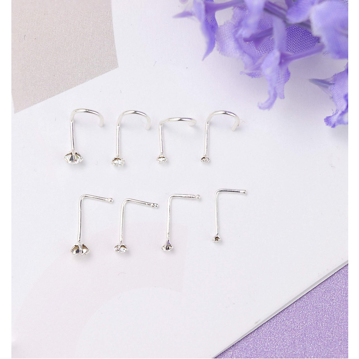 Sllaiss 925 Sterling Silver L Shaped Nose Rings Set for Women Men Crook Nose Rings Screw Studs 1.5mm 2mm 2.5mm 3mm 8Pcs 22G Nose Body Piercing Hypoallergenic
