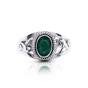 Koral Jewelry Created Emerald Oval Stone Vintage Delicate Lace Ring 925 Sterling Silver US Size 5 6 7 8 (7)