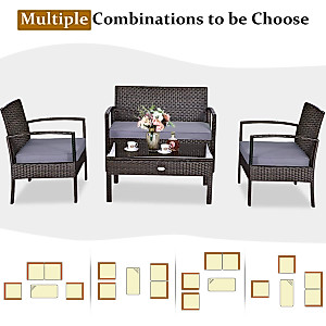 Moccha 4-Piece Patio Rattan Furniture Set, Outdoor Wicker Conversation w/ Padded Cushion & Coffee Table, Bistro Sofa Set w/ Tempered Glass Tabletop for Outdoor Indoor Patio Poolside Backyard, Brown