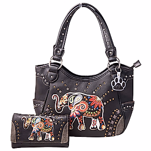 HW Collection Large Elephant Purse Women Embroidered Western Handbag and Wallet Set (Black)