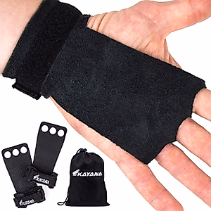 KAYANA 3 Hole Leather Gymnastics Hand Grips - Palm Protection and Wrist Support for Cross Training, Kettlebells, Pull ups, Weightlifting, Chin ups, Workout, & Exercise (Black, Small)