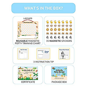 Potty Training Chart for Toddlers,Boys,Girls - Animal Design - Magnetic Sticker Chart, Waterproof Magnetic Potty Training Reward Chart, Certificate, 3 Instruction Steps, 35 Magnetic Stickers