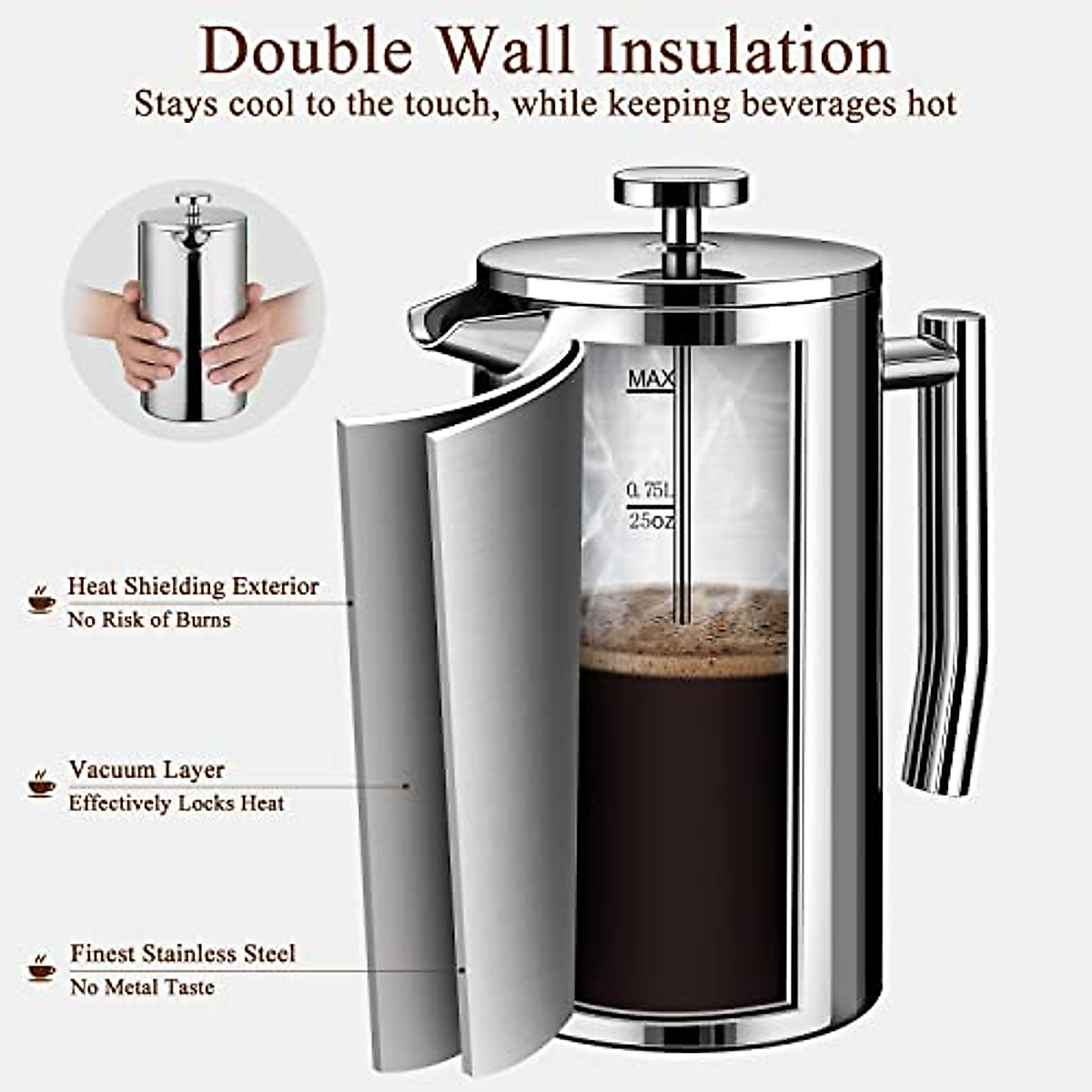 BAYKA French Press Coffee Tea Maker 34oz, 304 Stainless Steel Insulated Coffee Press with 4 Filter Screens, Milk Frother, Rust-Free, Dishwasher Safe, Silver