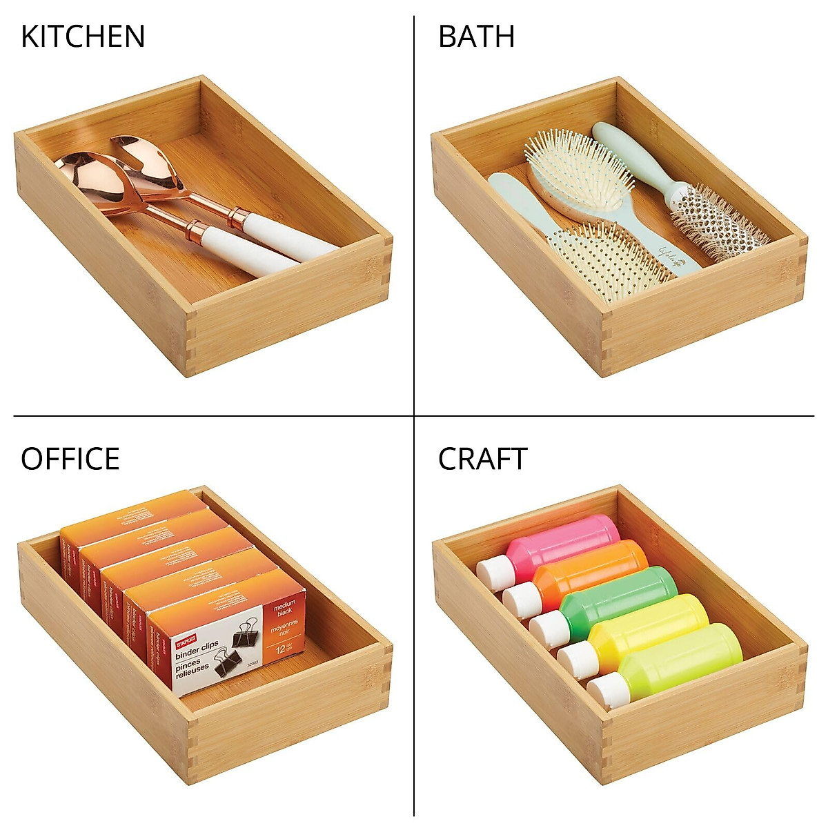 mDesign Bamboo Wood Drawer Organizer Box Tray for Kitchen, Drawers, Utensil Storage Countertops, Shelves, and Pantry; Holds Flatware, Cooking Utensils - Echo Collection - 6 Pack - Natural