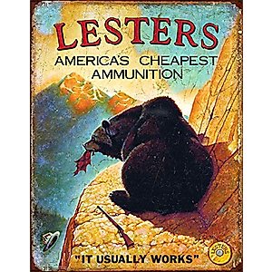 Desperate Enterprises Lesters Ammo Tin Sign - Nostalgic Vintage Metal Wall Decor - Made in USA - 12.5" W x 16" H