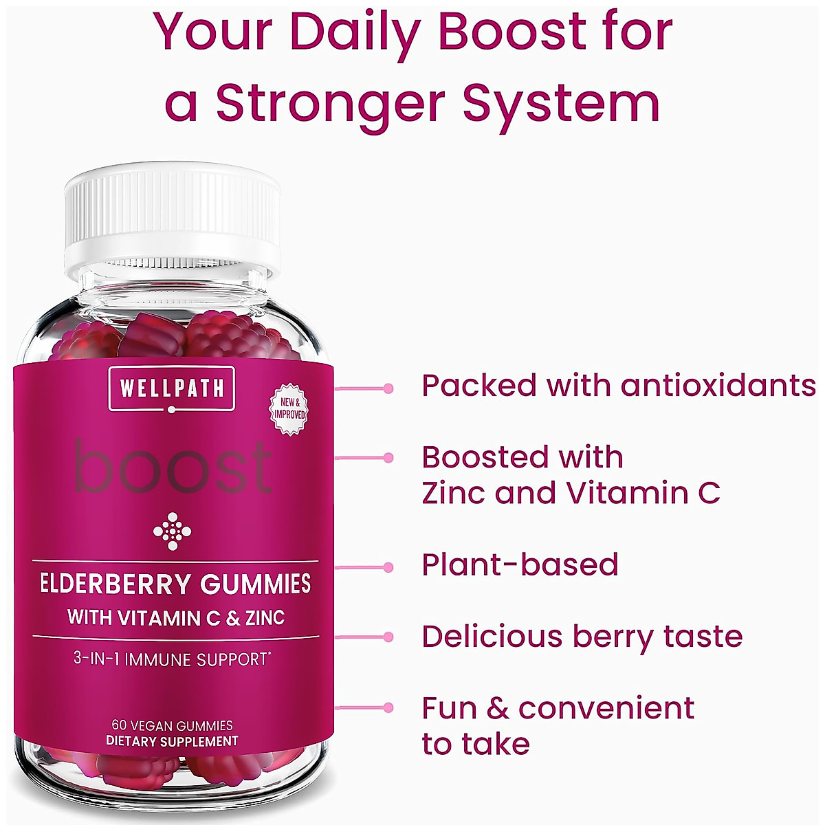 WellPath Boost Elderberry Gummies with Zinc & Vitamin C | Immune Support Supplement for Adults | Immunity Booster Vitamins | Sambucol Black Gummy | Non-GMO & Vegan, 60 Ct