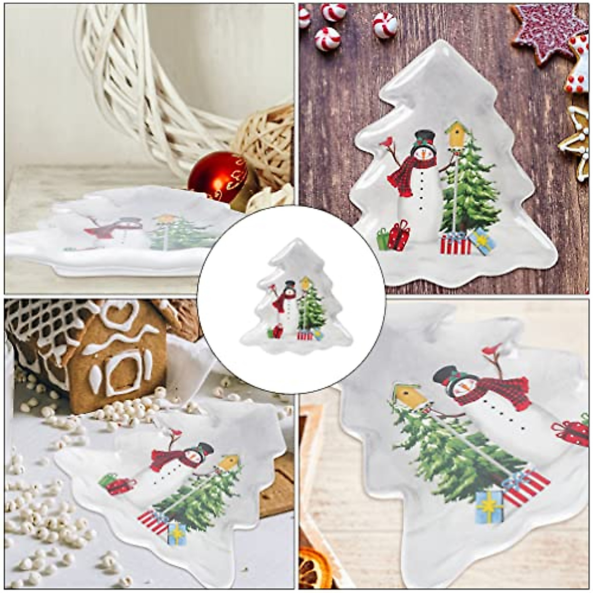 Angoily Christmas Tree Shaped Platter Ceramic Christmas Serving Platter Tray with Xmas Tree and Snowman Printed for Appetizer, Food Snacks, Fruit, Dessert for Xmas Party Table Decor, 26. 5x23. 2cm