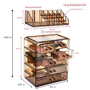COMVTUPY Clear Makeup Organizer with Brush Holder, Large Acrylic Cosmetic Display Jewelry & Make Up Organizers and Storage for Vanity, Bathroom (3 Large, 4 Small Drawers, Brown)