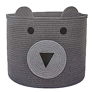 COMEMORY Cotton Rope Storage Basket with Cute Bear Design, Foldable Rope Bin Basket, Decorative Animal Basket for Toys, Blanket, Towels, Clothes, 12"(D) x 10"(H)